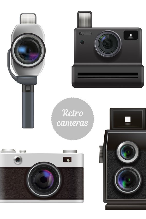 Retro cameras. Vintage electronic professional photo and vid