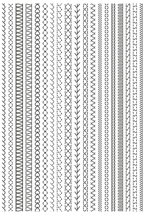 Sewing stitches, machine and hand sewing seam lines. Embroid