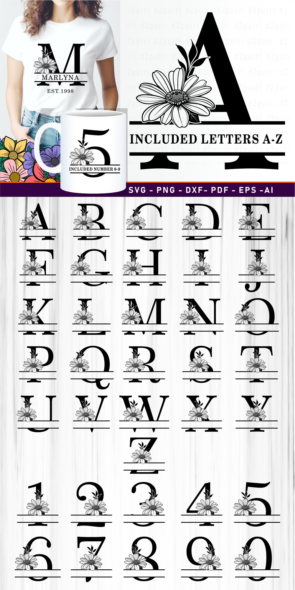 Daisy Flower Monogram Split Letters SVG, Font SVG, Alphabet