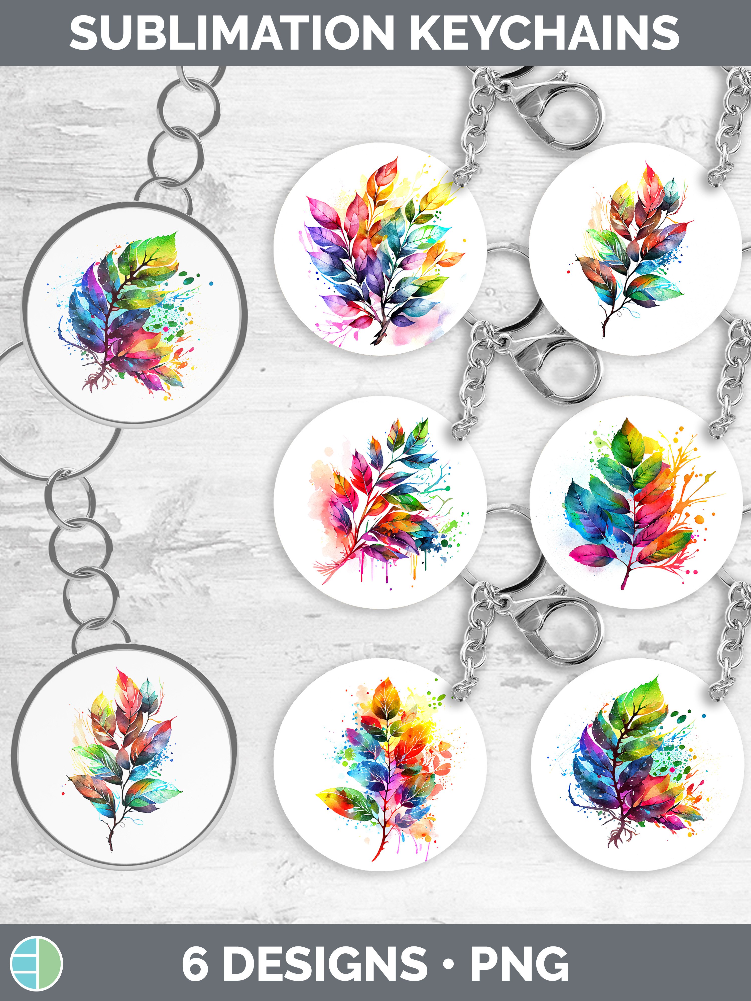 Rainbow Elm Leaves Keychain | Sublimation Keyring Designs Bu