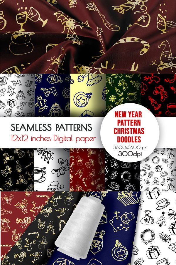New Year doodle clipart. Christmas seamless designs