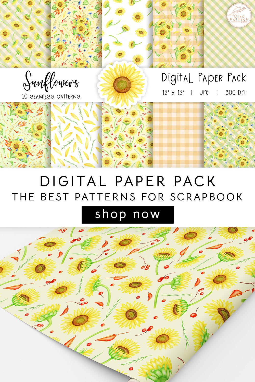 Sunflower Digital Paper Pack. Watercolor Sunflowers Patterns
