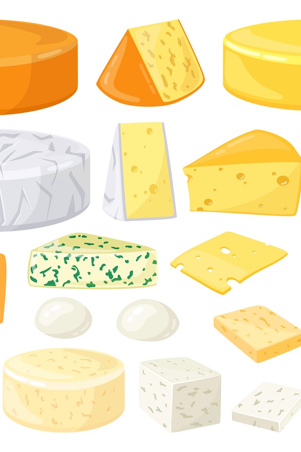 Cartoon cheese. Dairy products types, cheddar, parmesan, bri