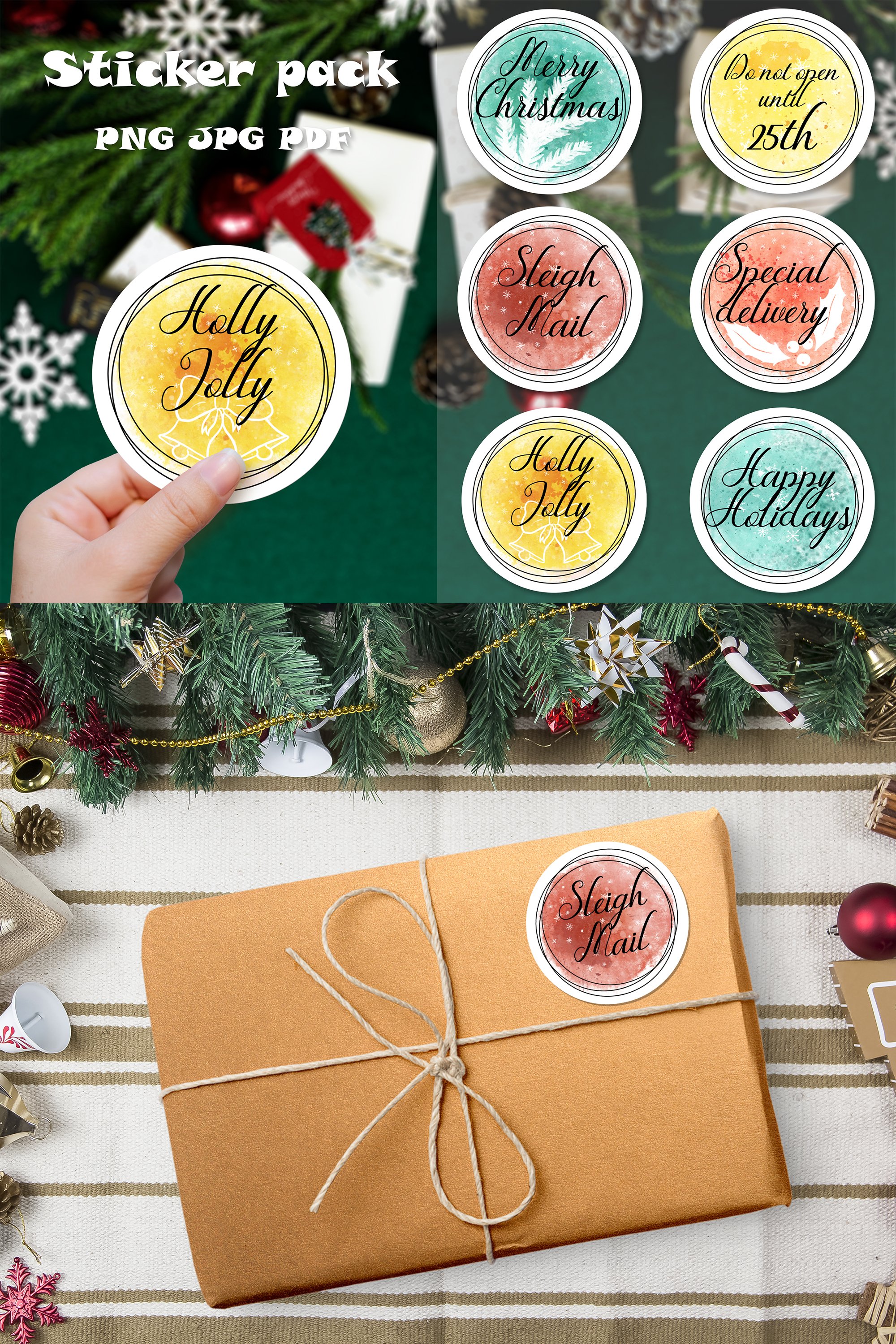 Christmas mail stickers packaging bundle. Round watercolor