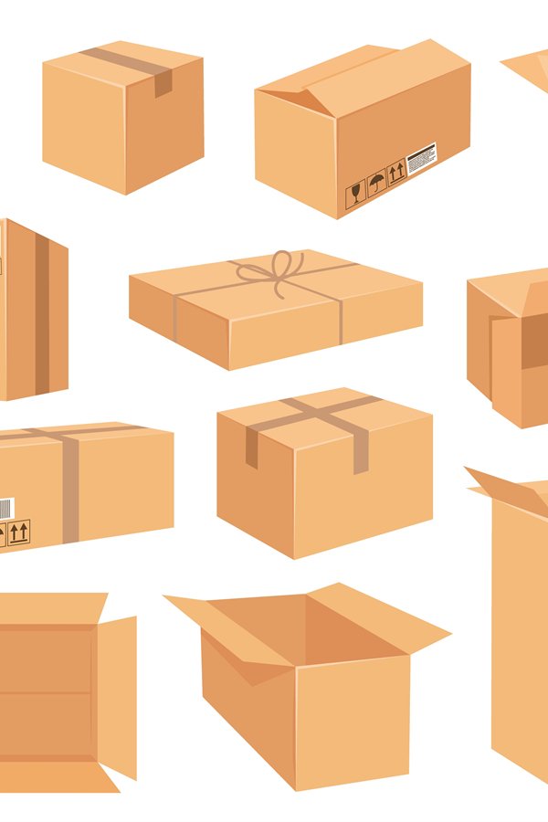 Cardboard boxes. Cartoon brown carton package. Open and clos Cardboard boxes. Cartoon brown carton package. Open and clos