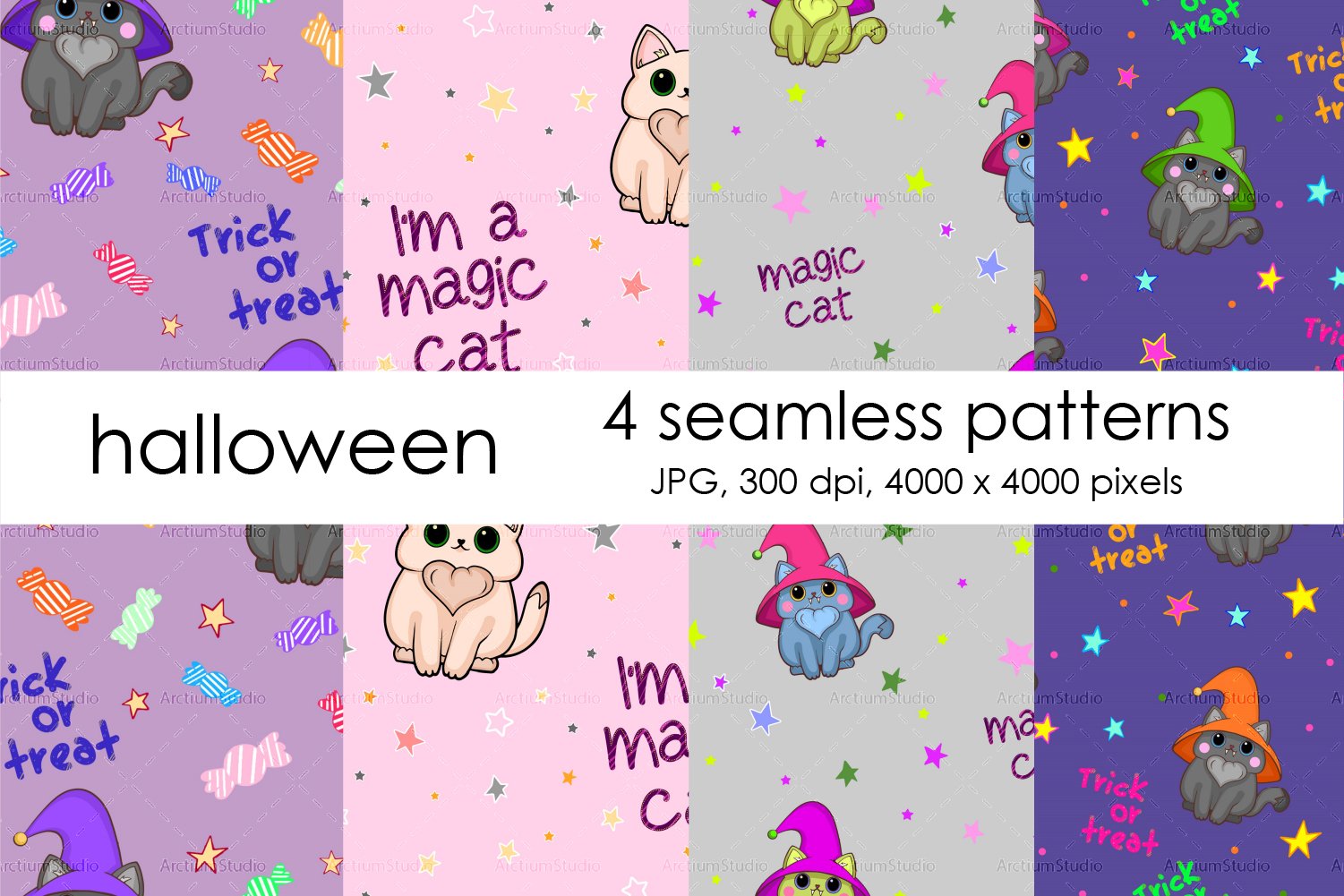 Cute baby cat halloween seamless pattern set