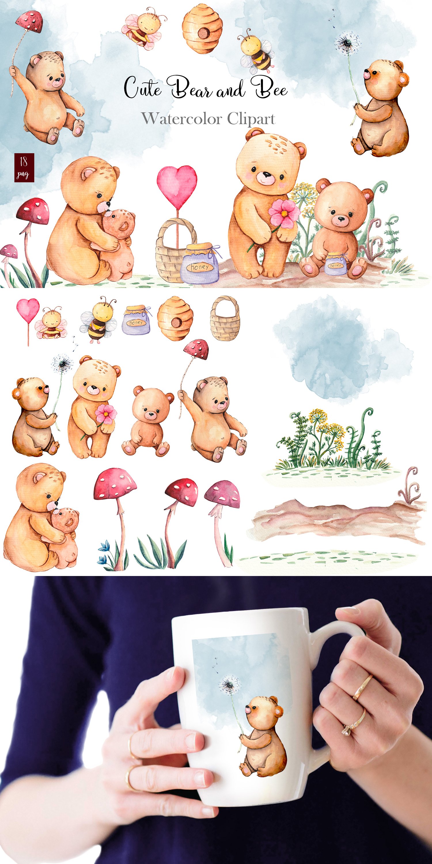 Cute Bear and Bee Watercolor Clipart