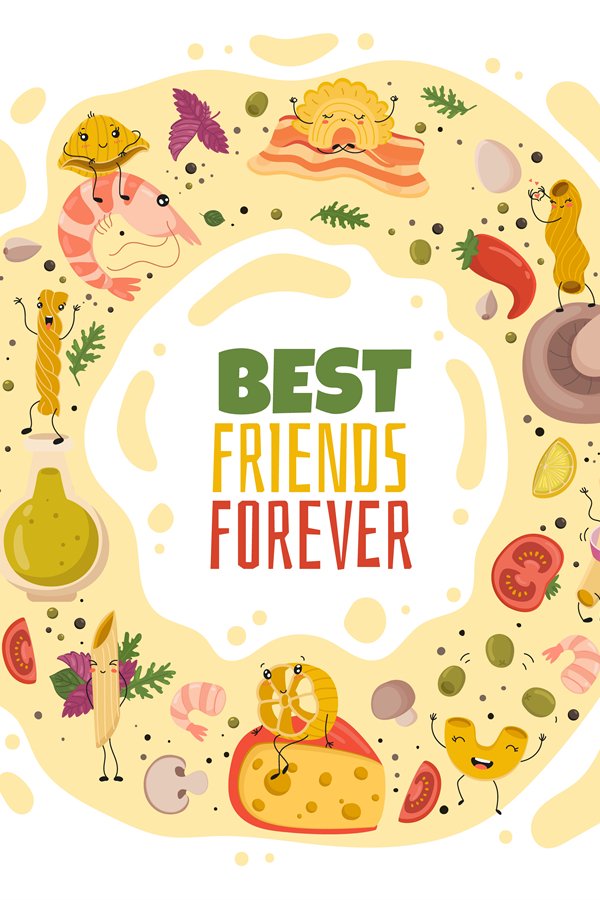 Italian pasta characters card. Funny comic food ingredients,