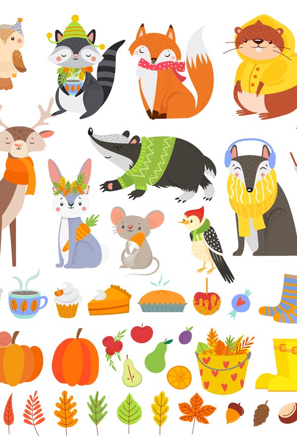 Autumn forest animals. Fall squirrel, funny bear and cute au