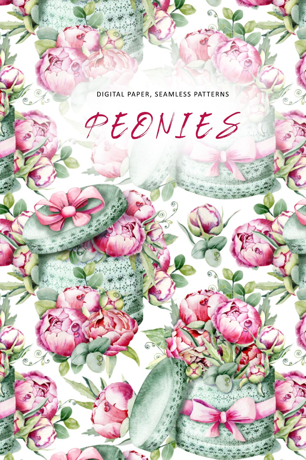 Pink Peonies seamless pattern, floral digital paper set