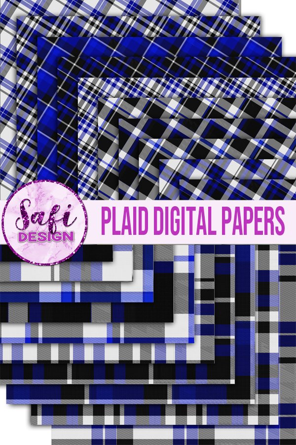 Blue and Black Plaid Digital Paper Backgrounds