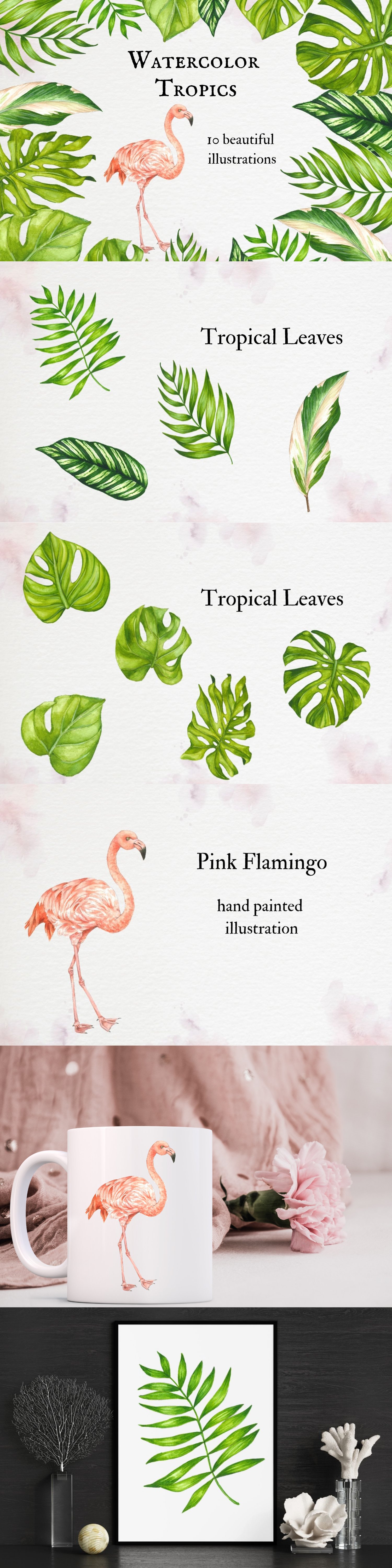 Watercolor Tropical Leaves, Pink Flamingo Design (2474491)