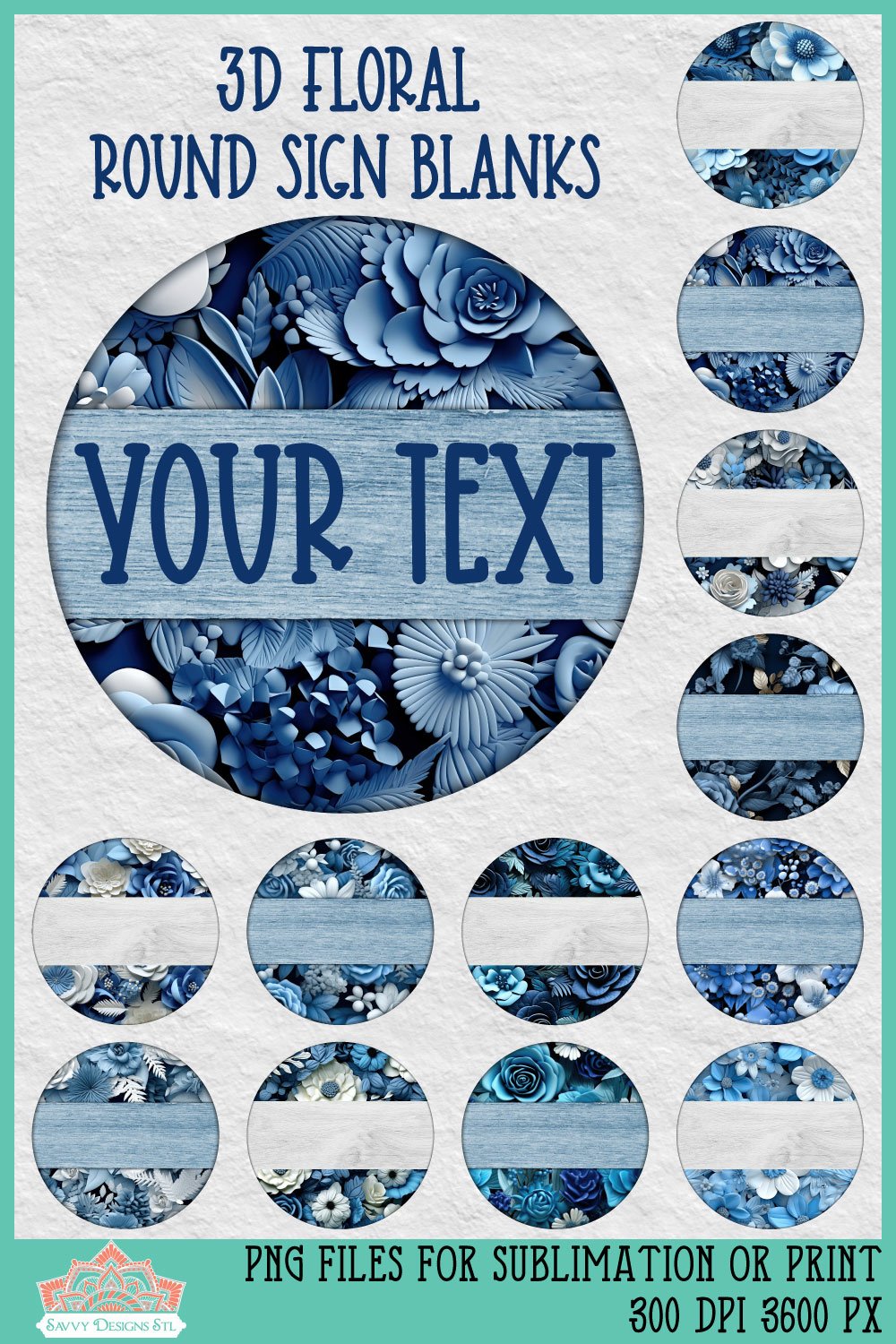 3D Blue Floral Round Sign Blank Background Bundle