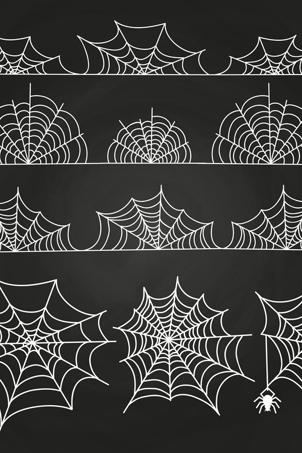 White spider web on chalkboard backdrop. Halloween borders a