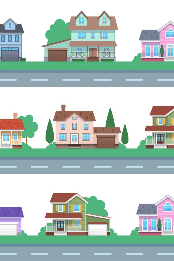 Houses on road. Home facades, cottage or suburban townhouse,