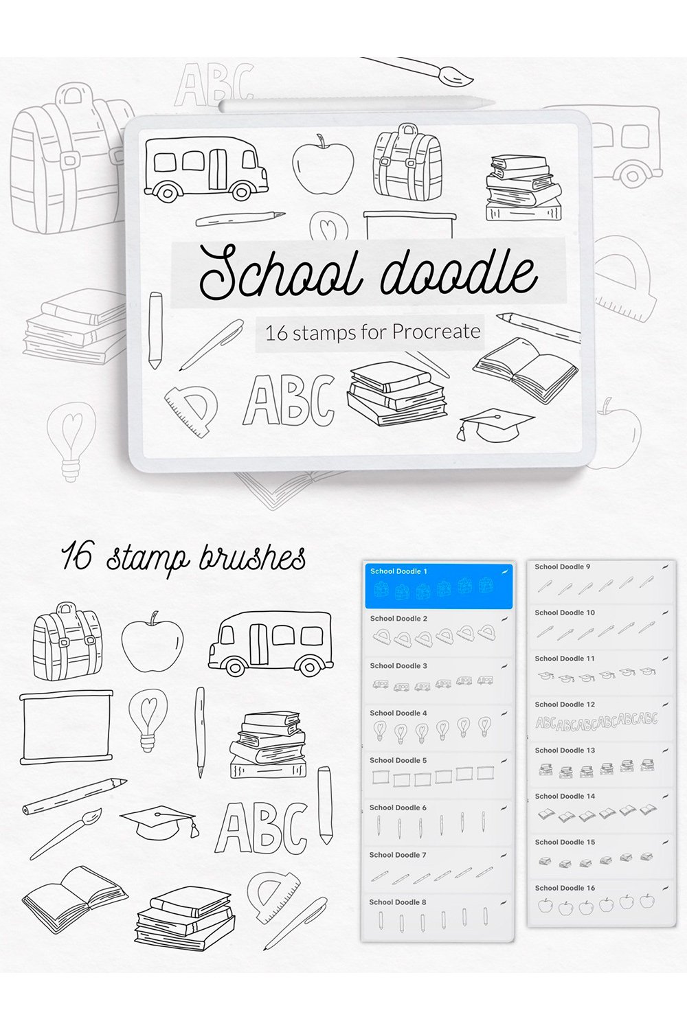 School doodle stamps for Procreate. Digital planner stamps