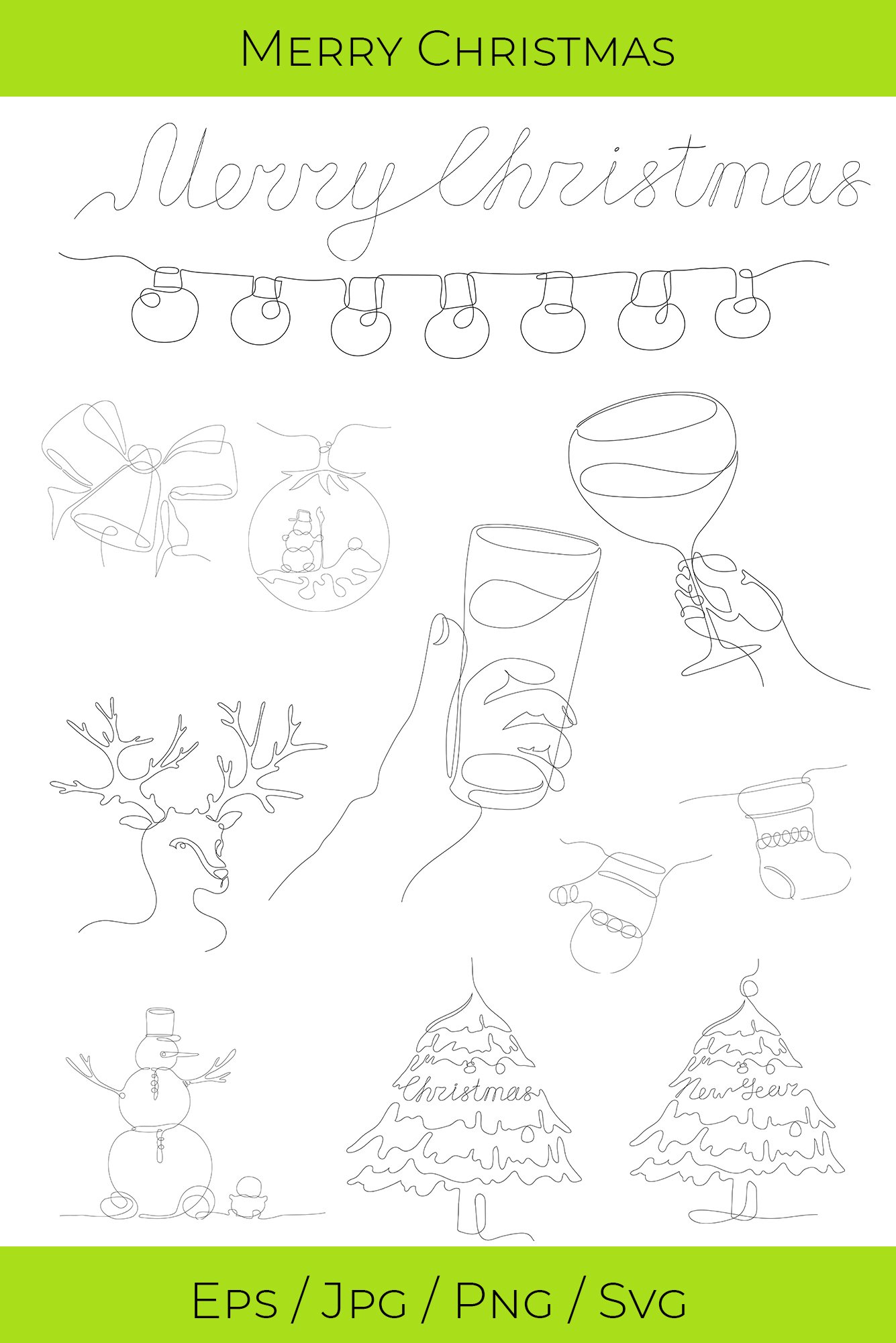 Set single line Christmas illustration svg