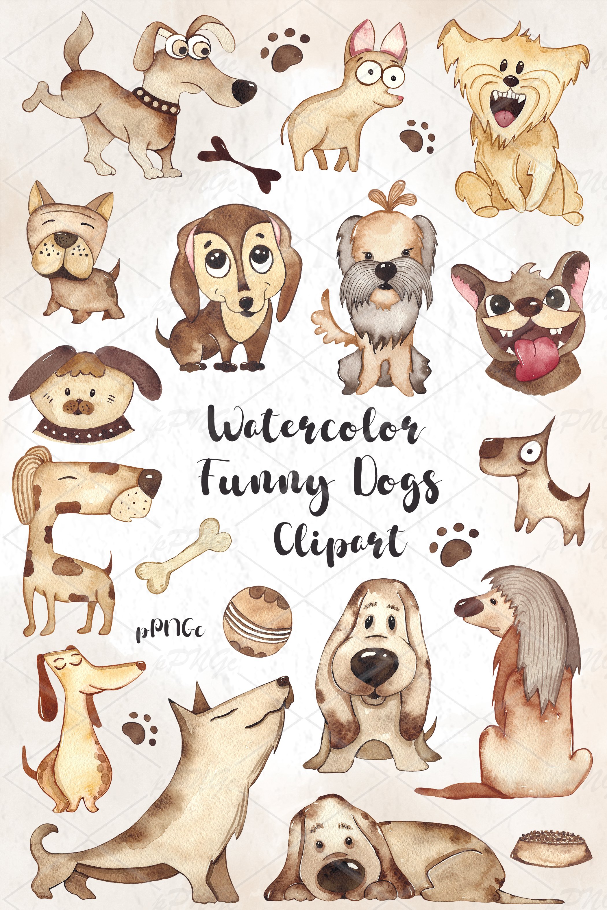 Watercolor funny Dogs Clipart, Puppies clipart