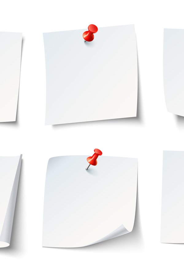 White paper notes on red thumbtack. Top view note sticker wi