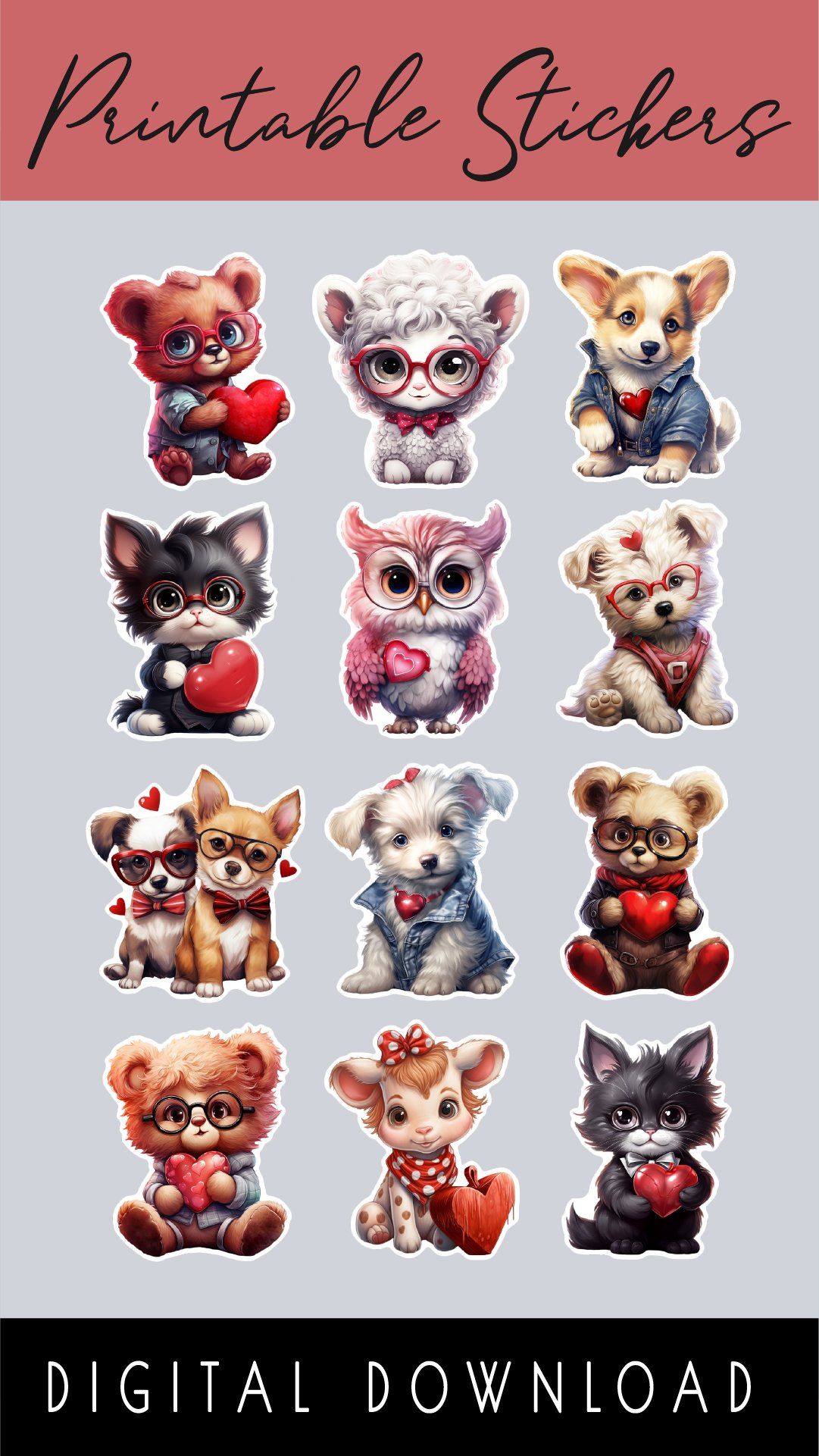 Valentine Stickers - Cute Animals, Printable Sticker Sheet