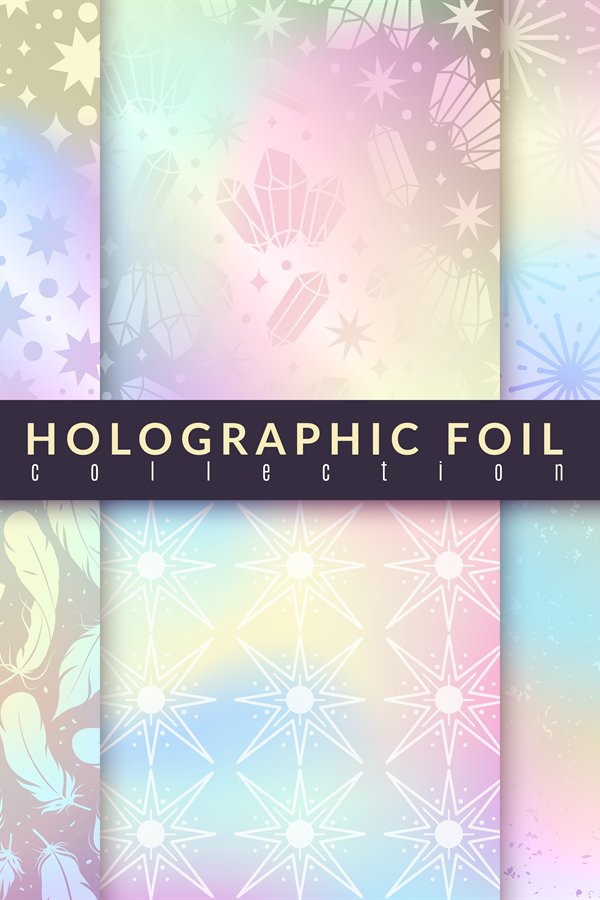 Holographic foil patterns. Trend glitter design pastel holog