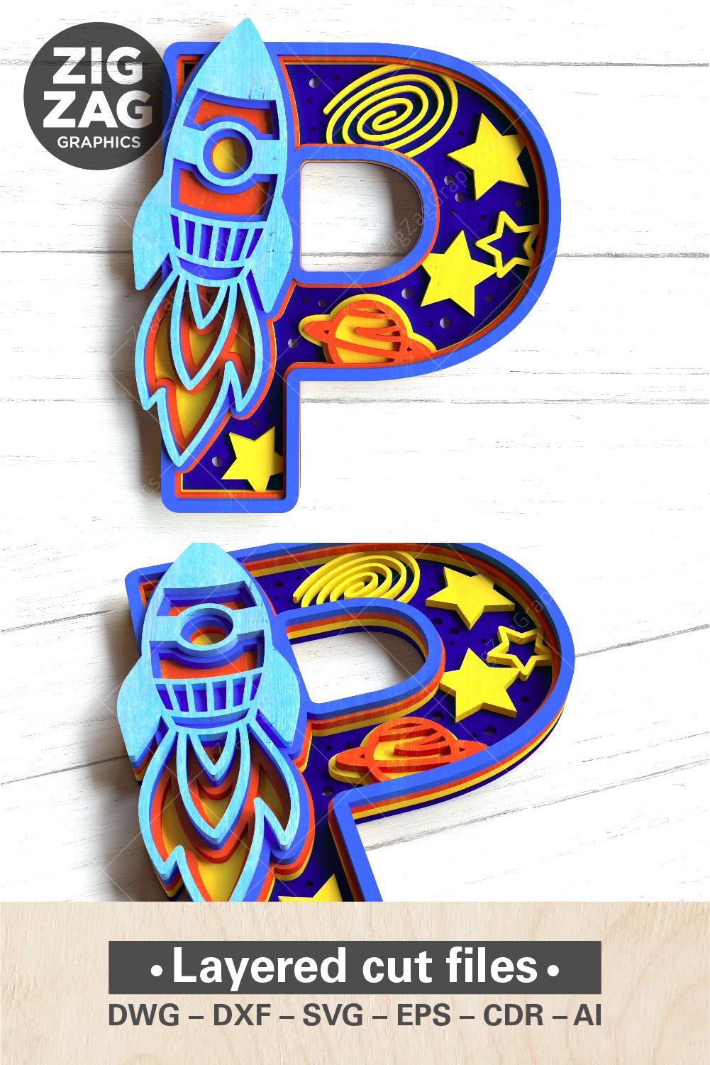 layered kids letter P with space rocket astronaut and stars