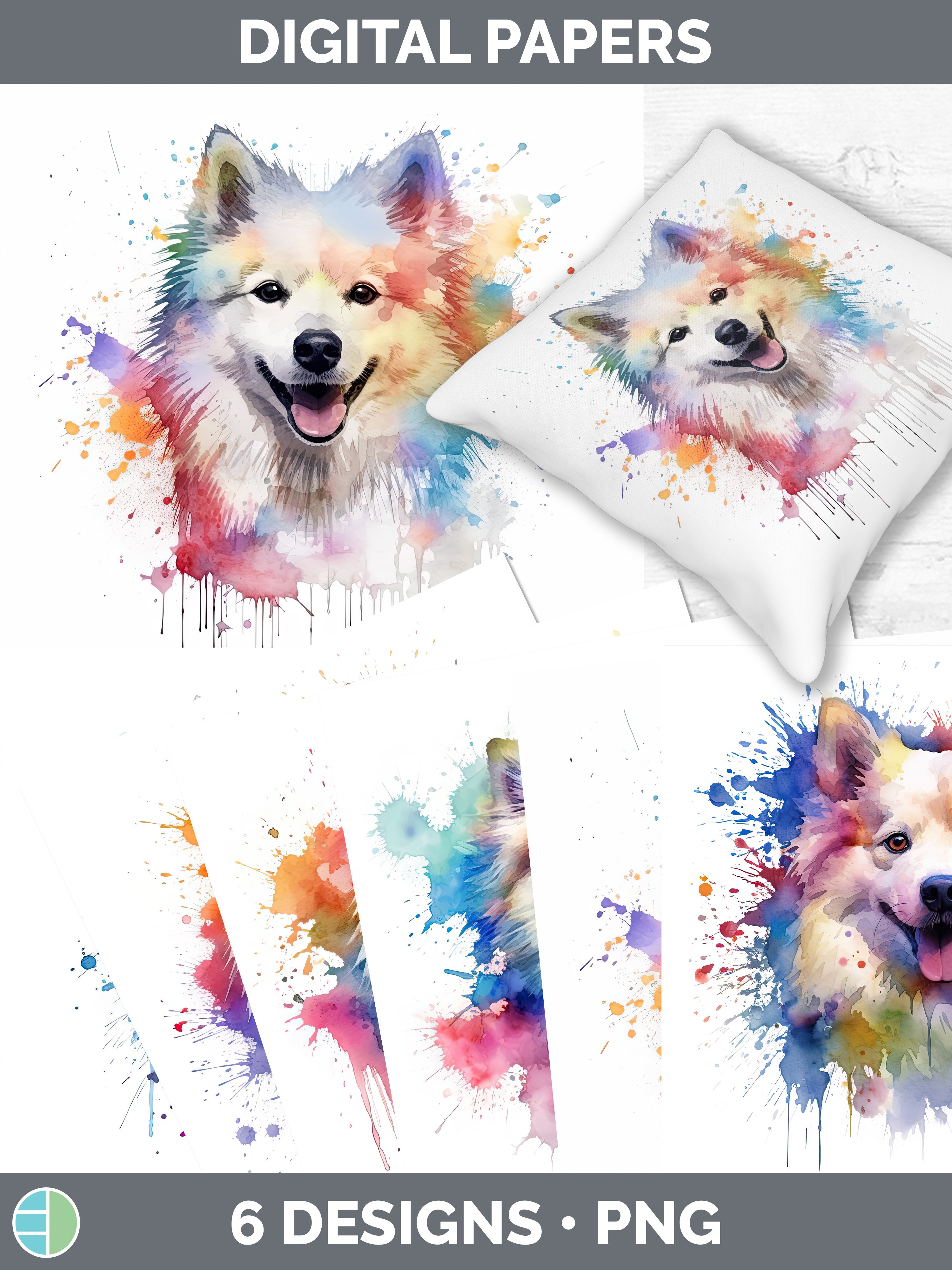 Splat Rainbow American Eskie Dog Paper Backgrounds | Digital