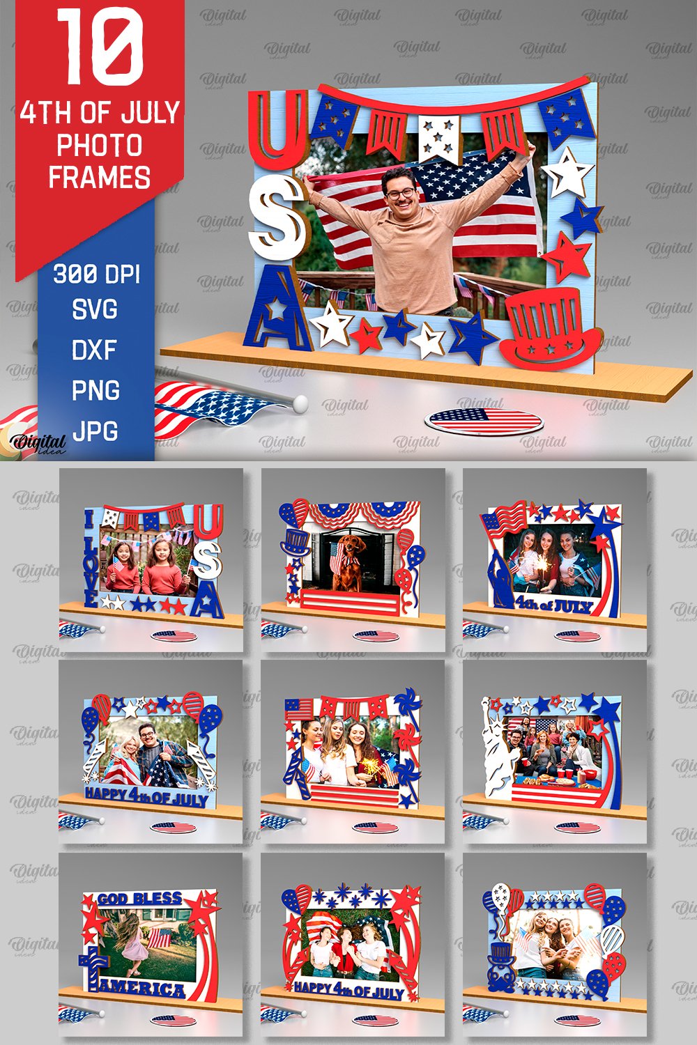 4th of July Photo Frames Laser Cut Bundle. Photo Frames SVG