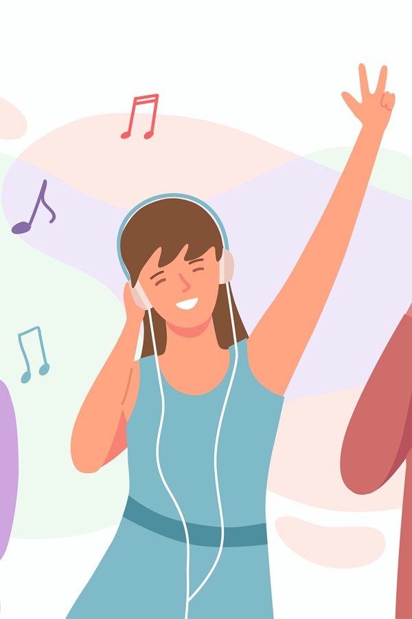 People enjoy music. Man and woman in headphones dancing. Hap