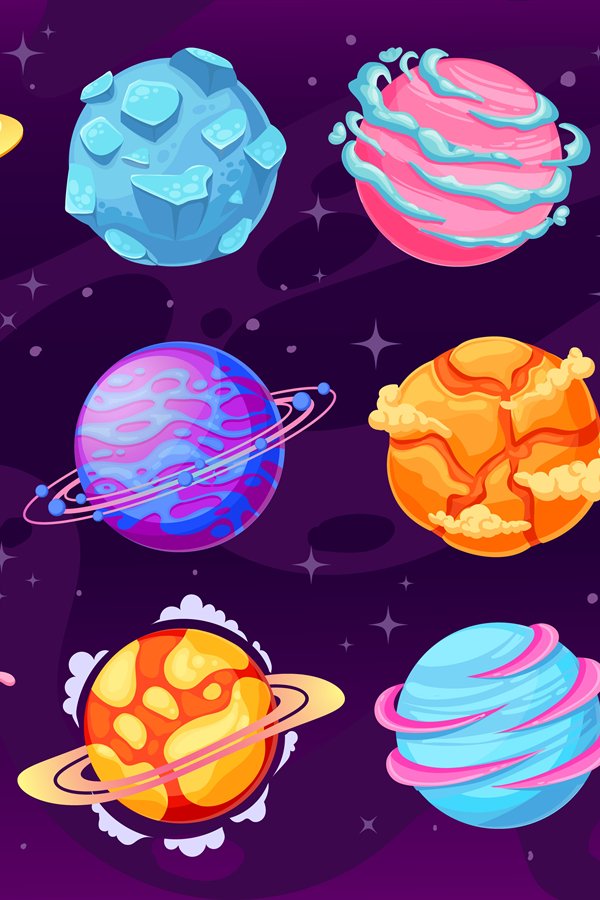 Fantasy planets. Colorful cosmic planet objects for game des
