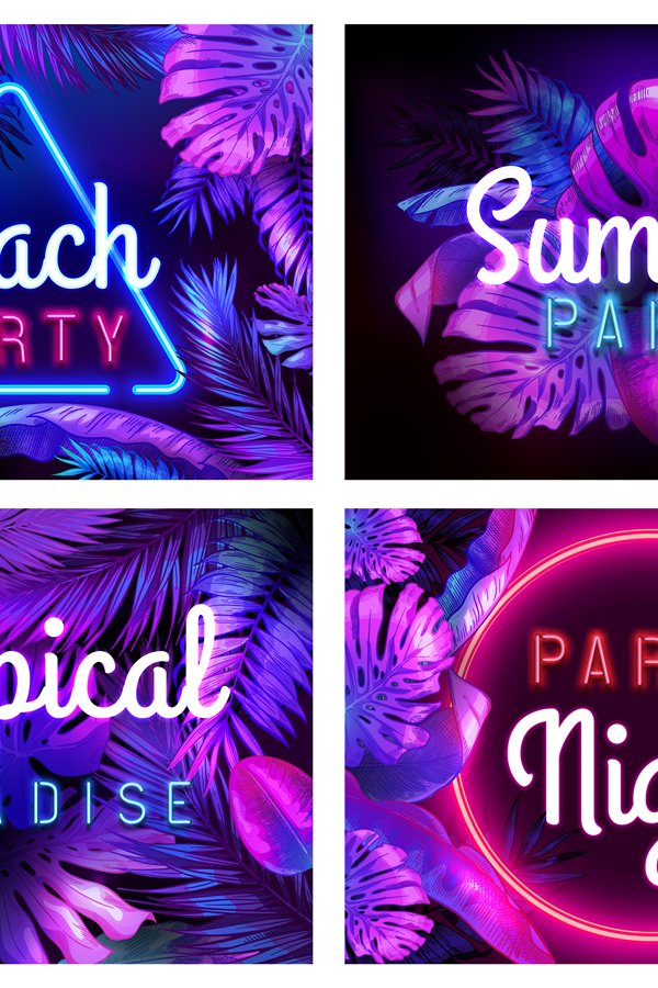 Neon beach party poster. Tropical paradise, summer partying
