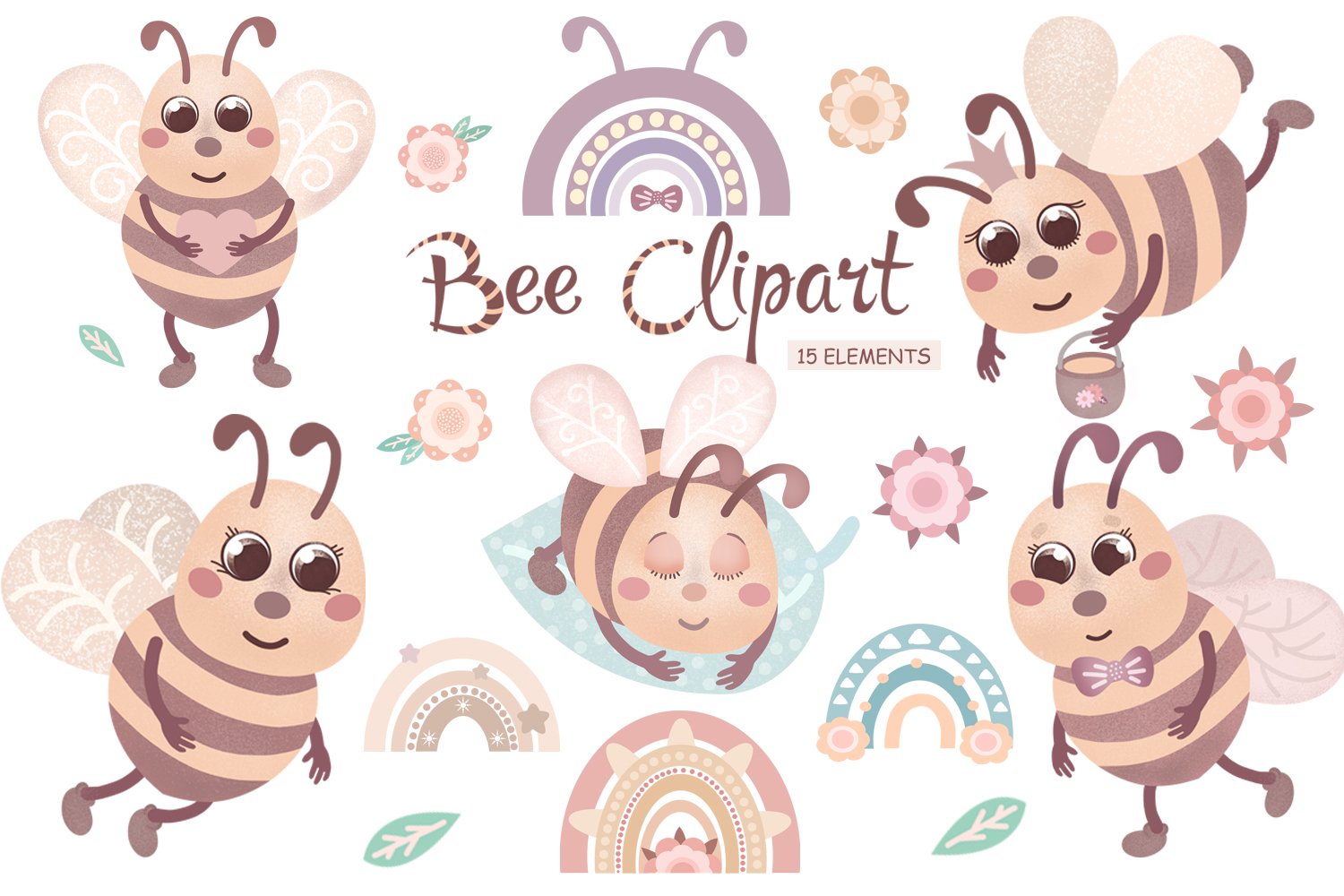 Bees and rainbows Clipart Set, Cute bee, honeybee baby showe