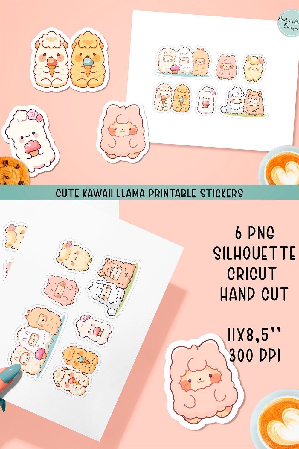 Cute Kawaii llama printable stickers. PNG, JPG. (2810357)
