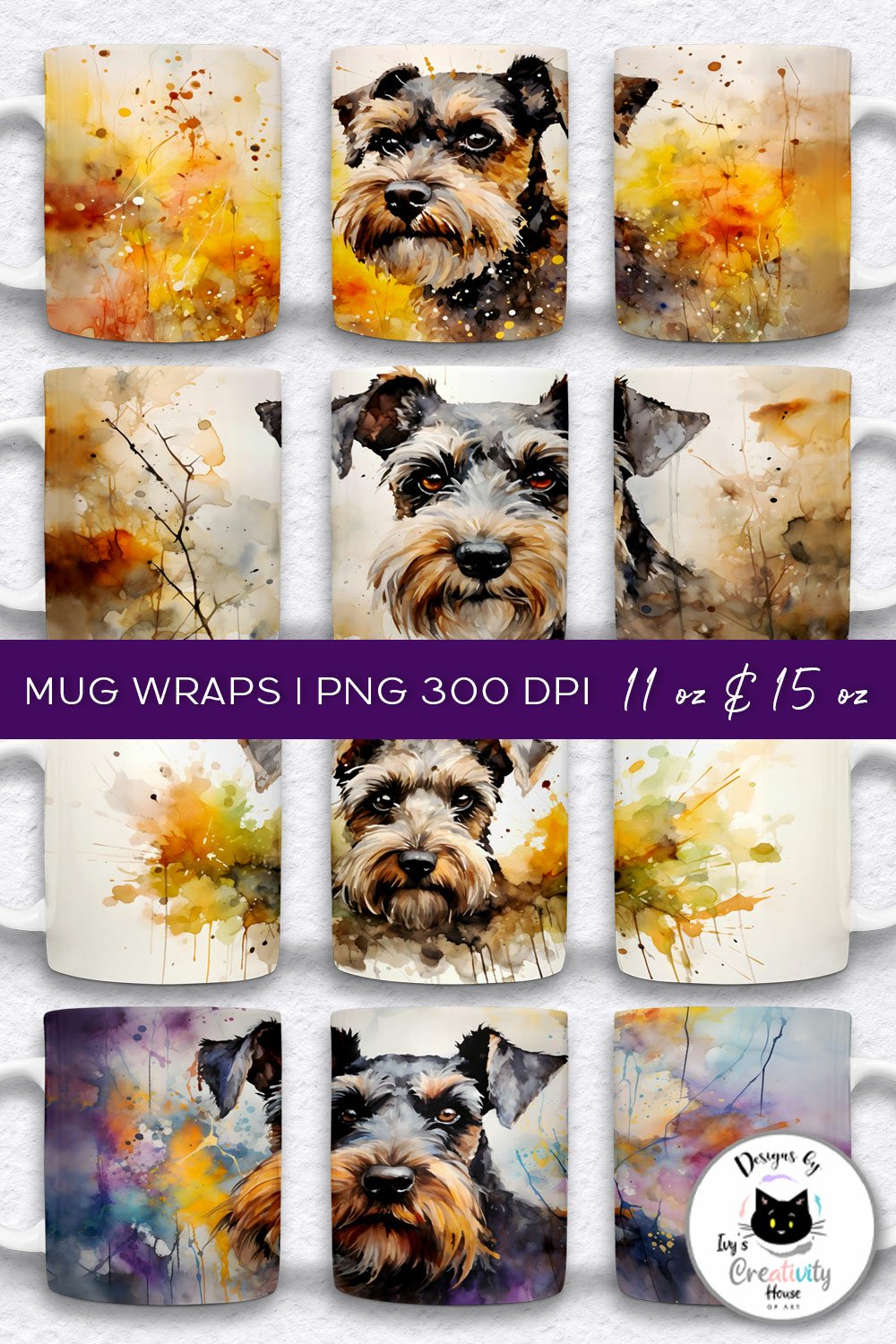 Watercolor Dog Mug Designs Vol.10 | Schnauzer Dog Mug Wraps