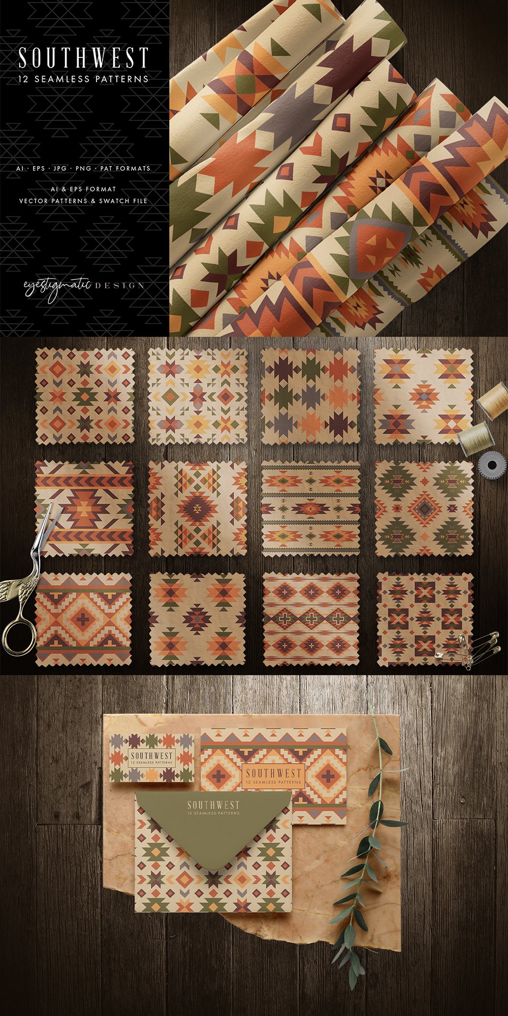 12 Seamless Southwest Patterns - Orange, Brown & Green