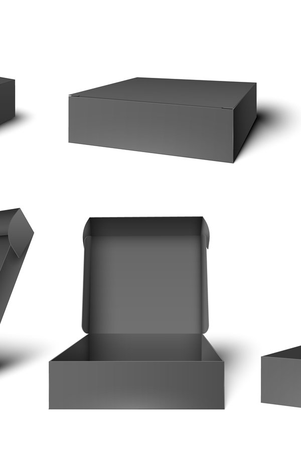 Open black packaging box. Dark cardboard opened and closed b