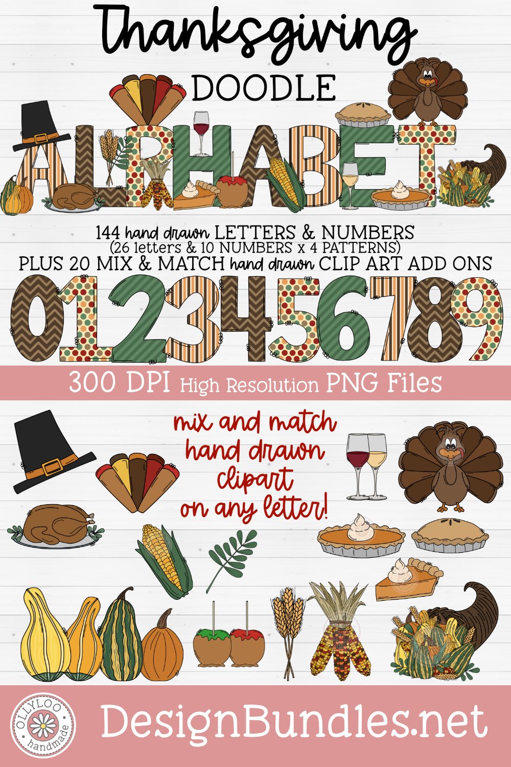 Thanksgiving Alphabet & Numbers Bundle & Hand Drawn Clipart