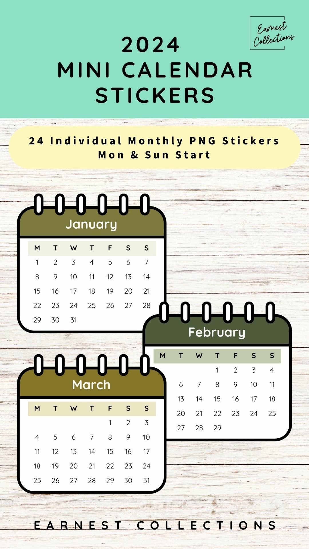 2024 mini calendar stickers for bullet journal and planner