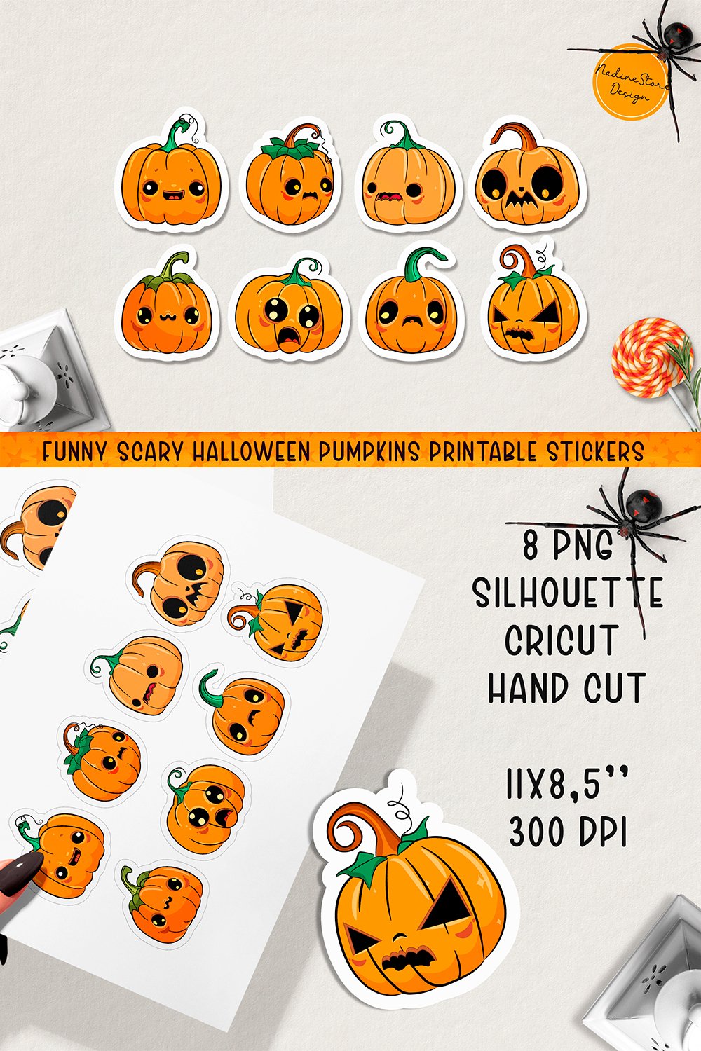 Funny scary Halloween pumpkins printable stickers.