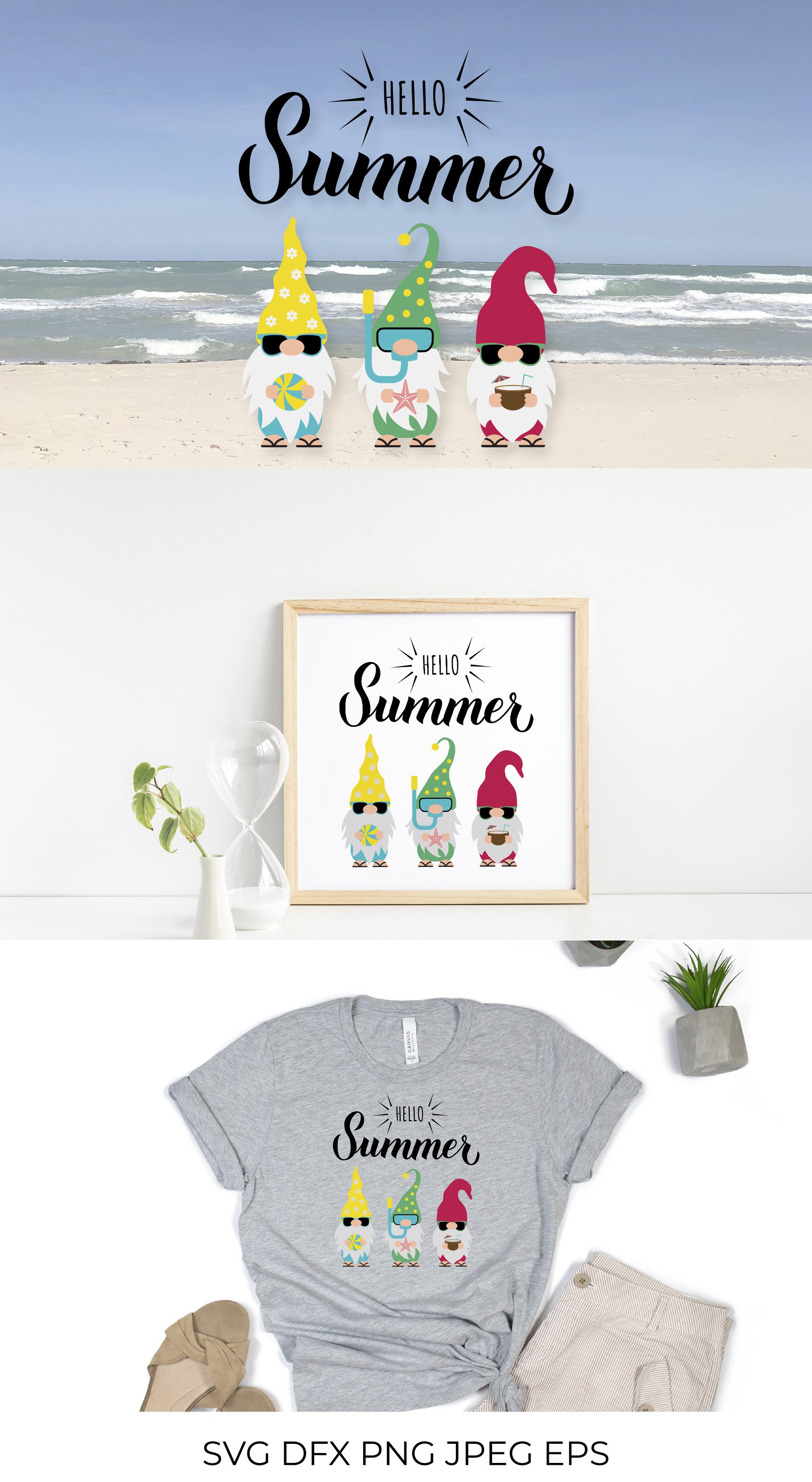 Gnomes on the beach. Summer gnomes SVG. Hello summer quote