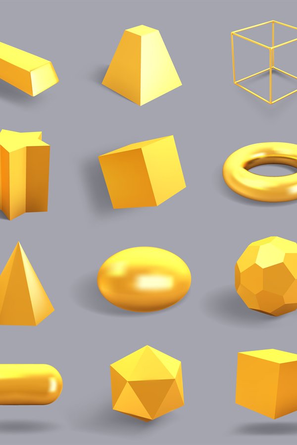 Realistic 3D gold shapes. Golden metal geometric shape
