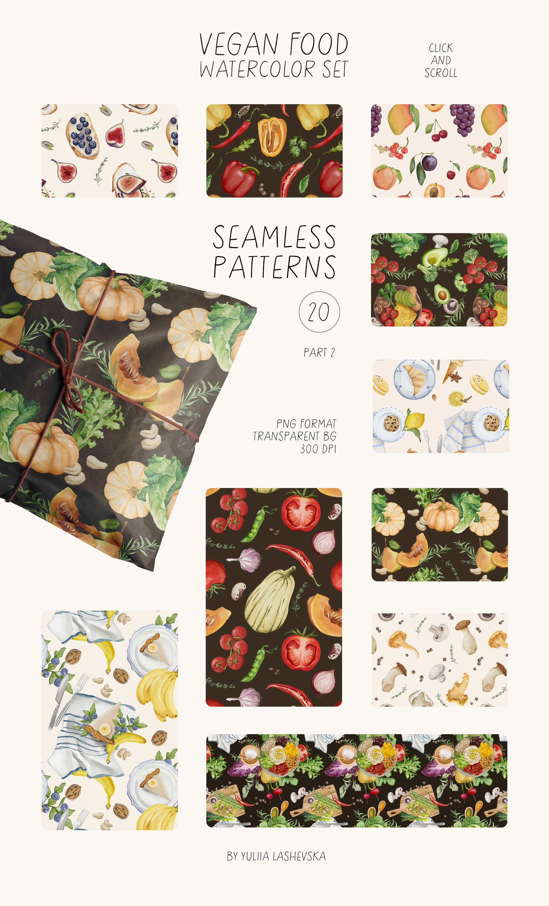 Vegan food patterns - 10 png seamless patterns