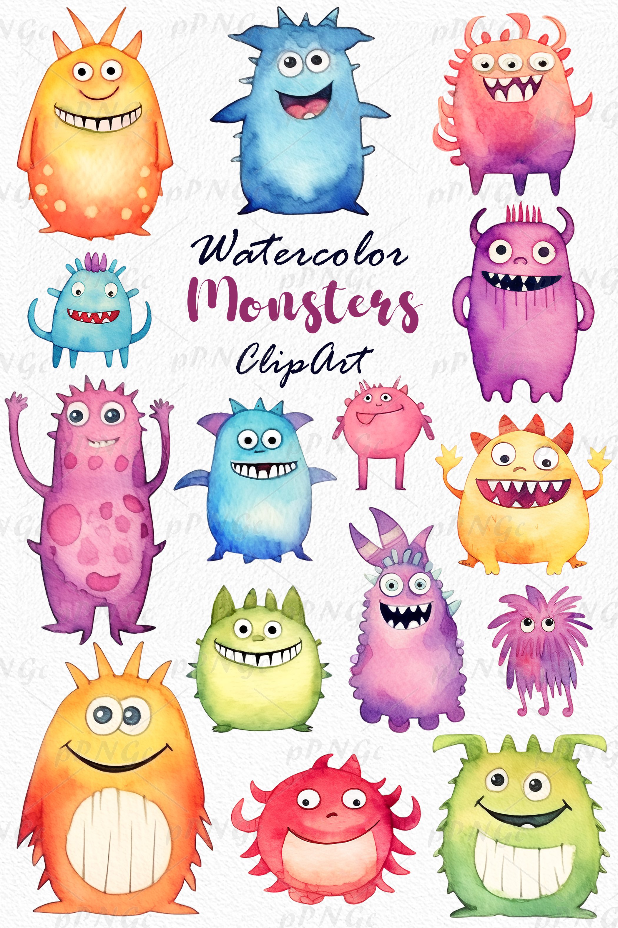 Watercolor Monster Clipart: Adorable and Colorful Creatures