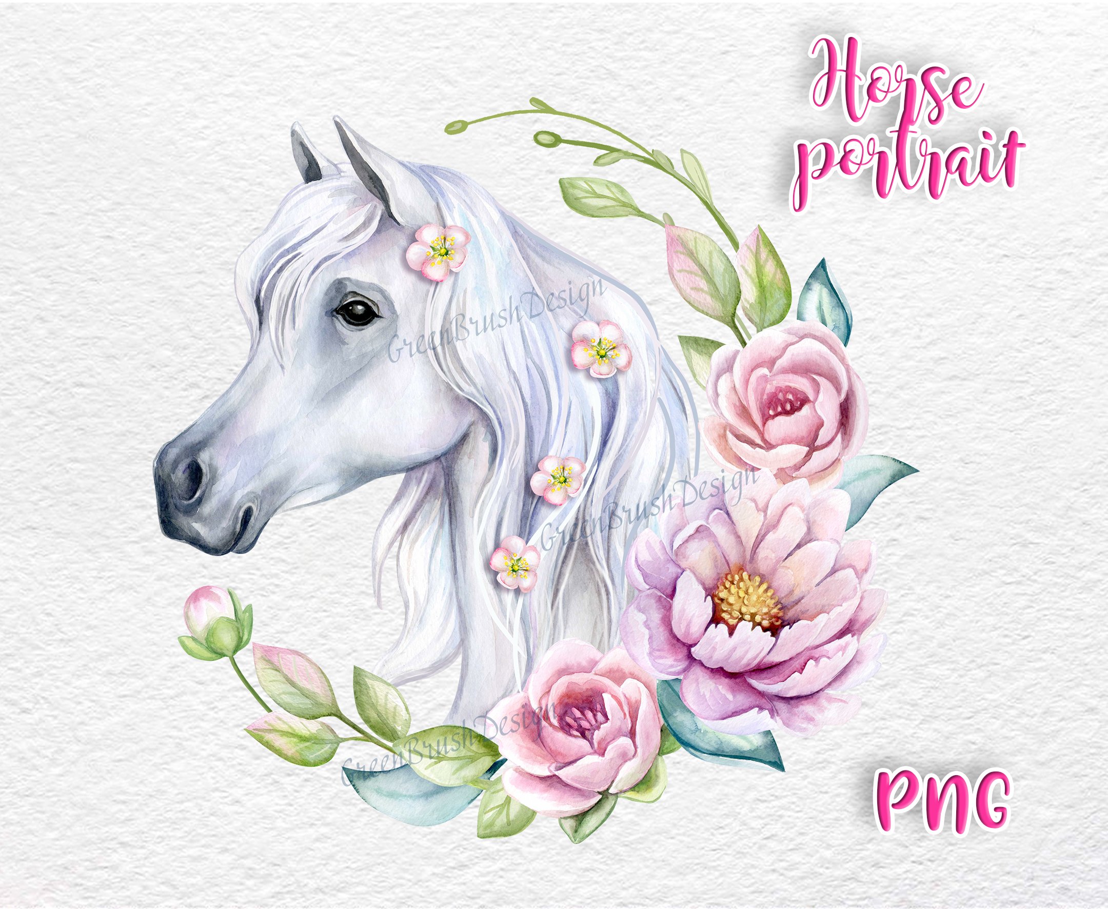 Watercolor Horse Clipart with floral frame