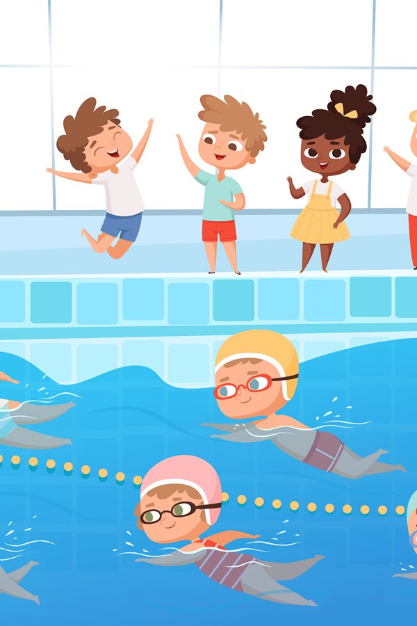 Swimming competition. Kids water sport swimming race in pool