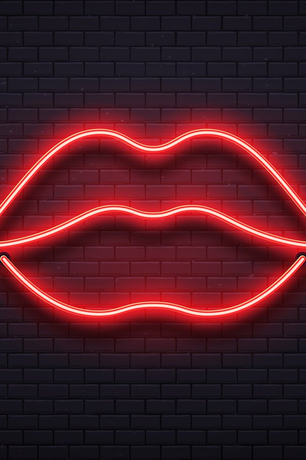 Retro neon lips sign. Romantic kiss, kissing couple lip bar