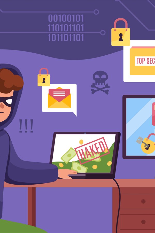 Hacker work. Cybercriminal workplace. Digital thief commits