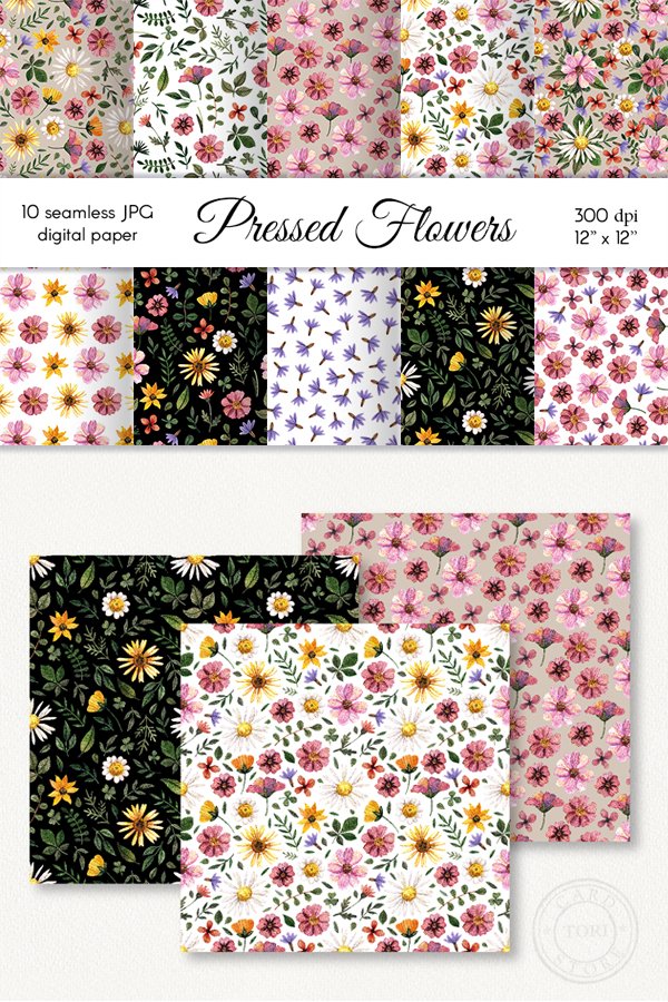 Watercolor Pressed Flowers Digital Paper - Seamless patterns