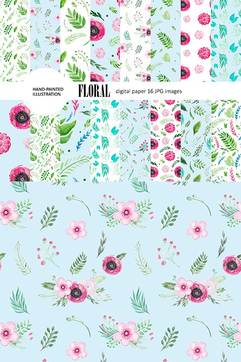 Watercolor floral digital paper pack.
