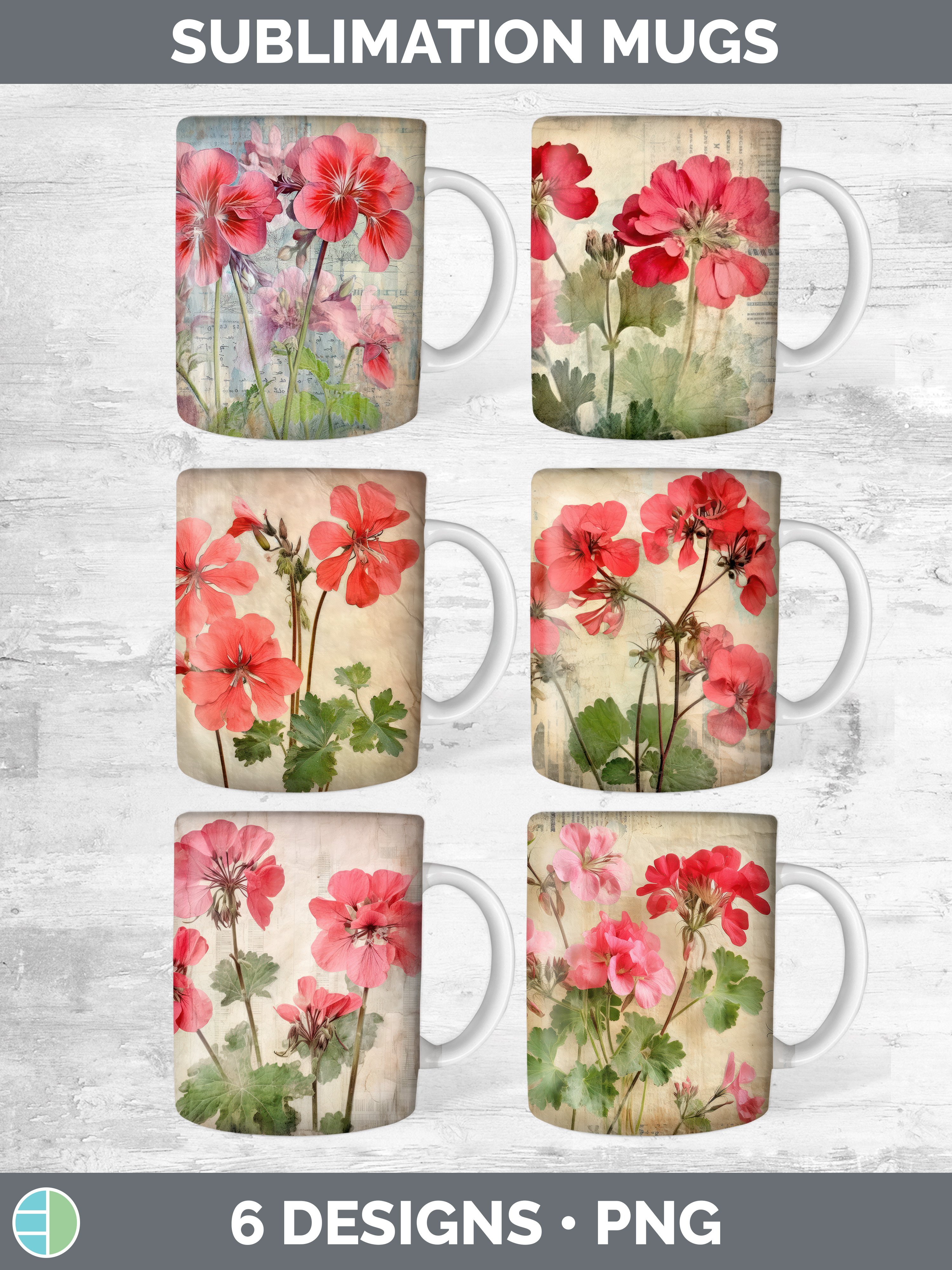 Vintage Geranium Flowers Mug Wrap | Sublimation Coffee Cup D
